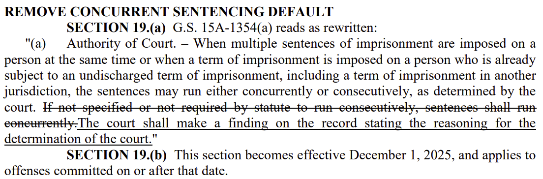 The End of the Concurrent Sentence Default – North Carolina Criminal Law